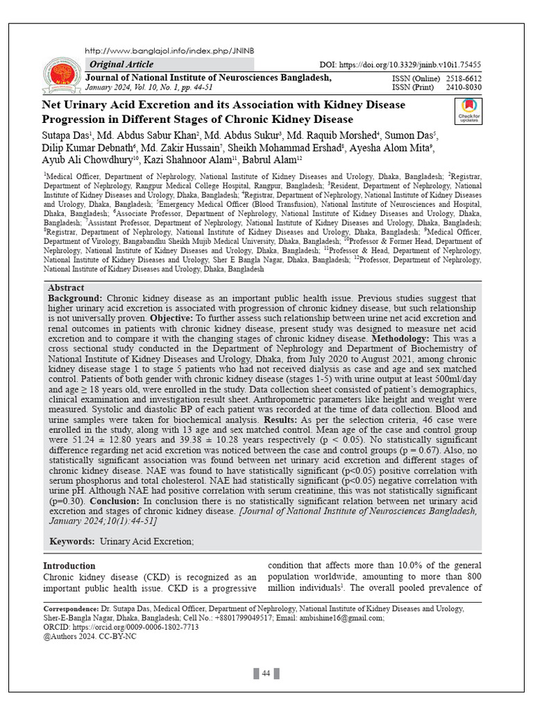 Net Urinary Acid Excretion and Its Association Wit | PDF | Chronic ...