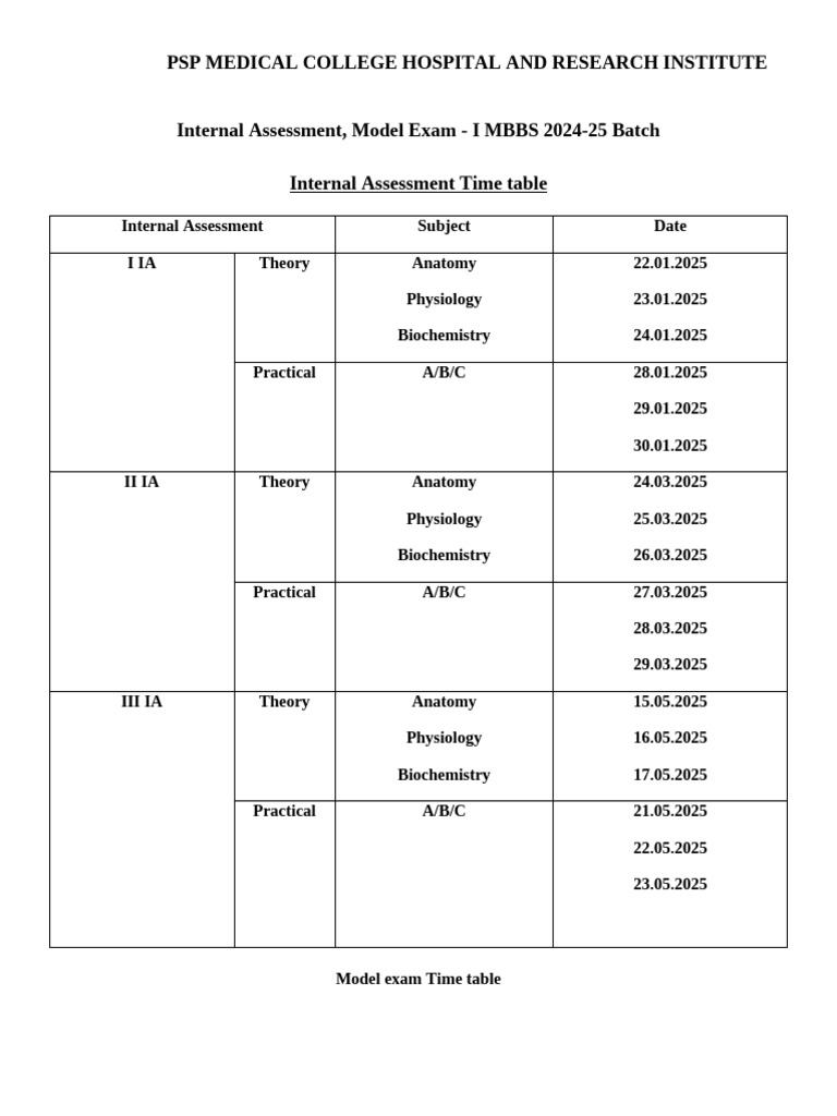 MBBS 2024-25 Internal Assessment Schedule | PDF