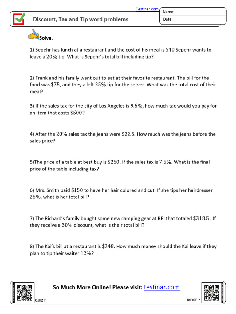 Markup Discount and Tax Word Problems Worksheet1 | PDF | Waiting Staff ...