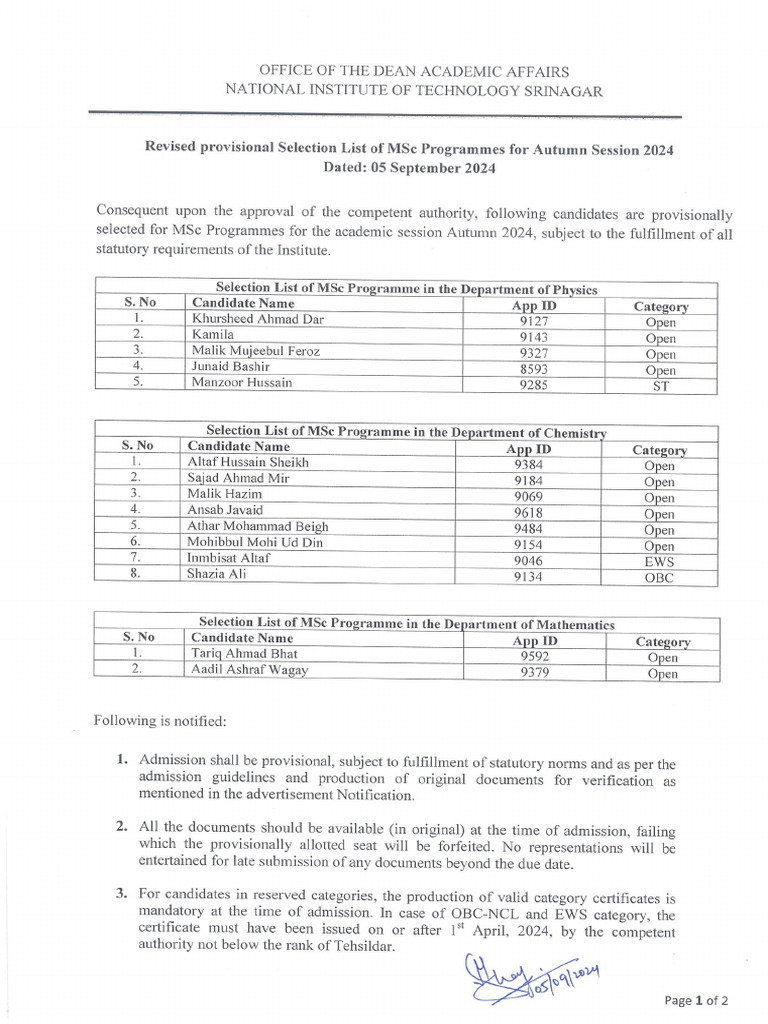 Revised Provisional Selection For M.SC Programme 2024 | PDF
