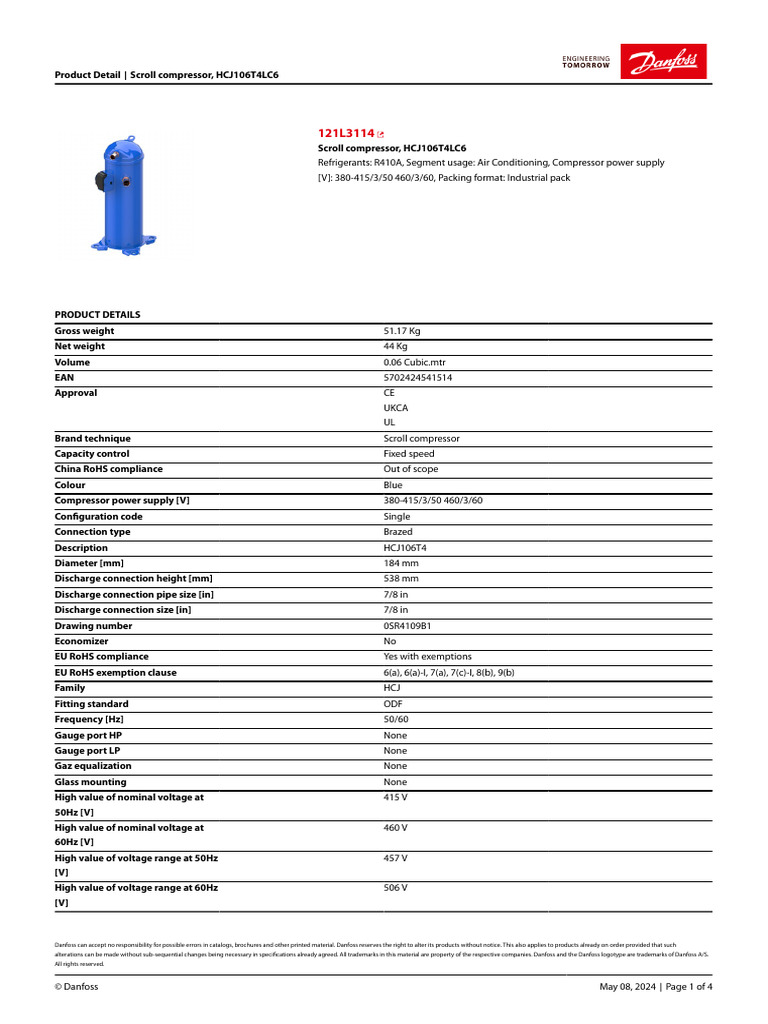HCJ106T4LC6 Scroll Compressor Specs | PDF | Manufactured Goods