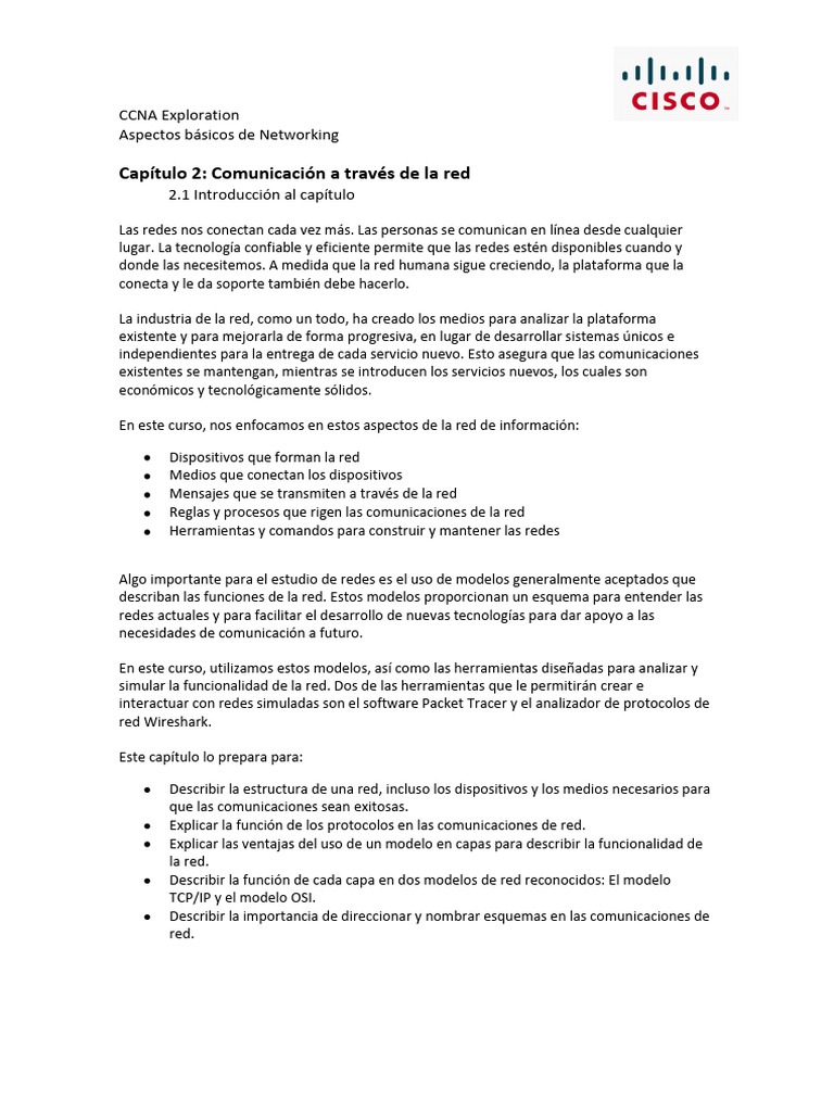 CCNA1 Exploration - Capítulo 2 | PDF | Red de computadoras | Modelo osi