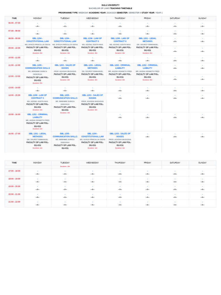 Undefined Bachelor of Laws Programme Teaching Timetable | PDF ...