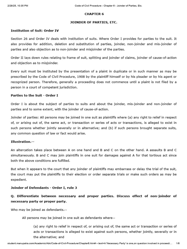 Joinder of Parties in Civil Suits | PDF | Lawsuit | Joinder