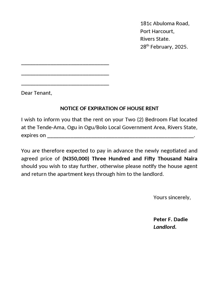 Rent Expiration Notice for Tenant | PDF