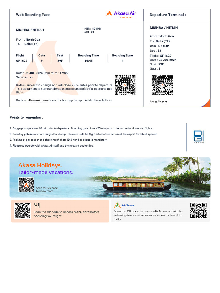 Akasa Air e-boarding pass - HB1I4K - Nitish | PDF