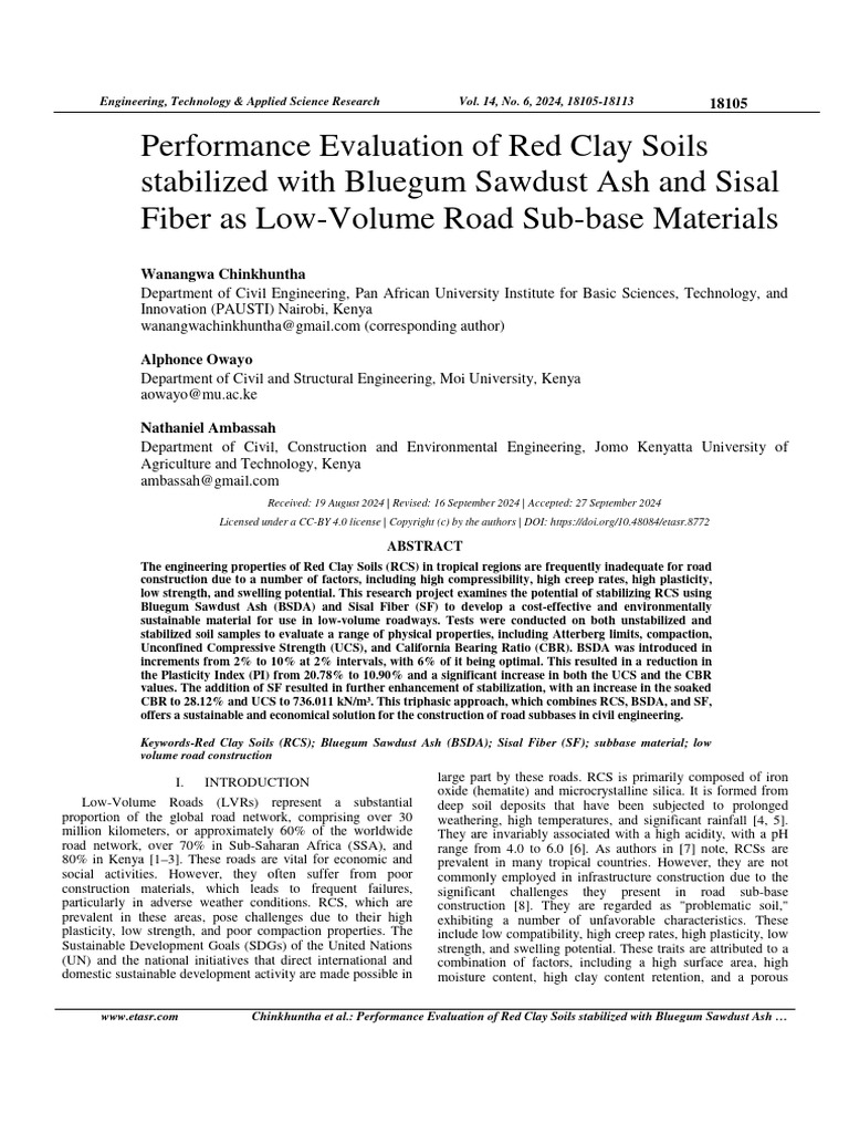 Performance Evaluation of Red Clay Soils Stabilized With Bluegum ...