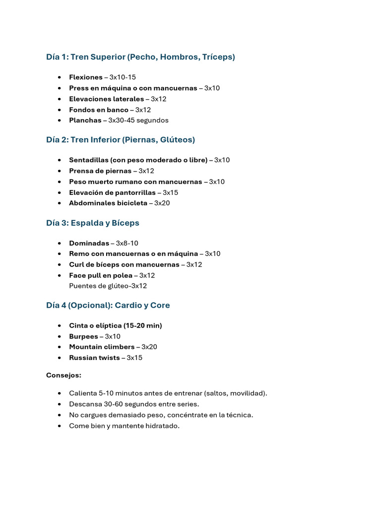 Día 1: Tren Superior (Pecho, Hombros, Tríceps) | PDF