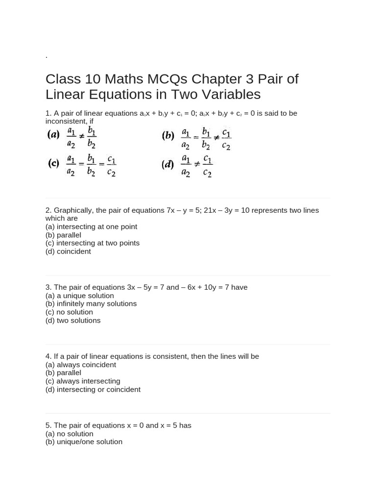 Class 10 Maths MCQs Chapter 3 Pair of Linear Equations in Two Variables ...