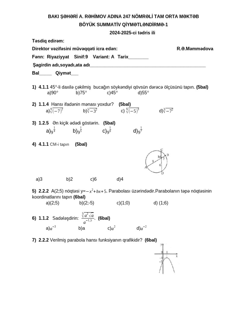 9cu Sinif BSQ 1 A | PDF