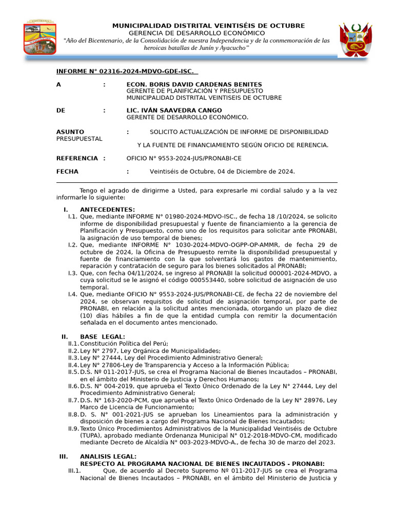 INFORME 02316-2024, Al Gerente de Planif. y Ppto. | PDF | Presupuesto | Business