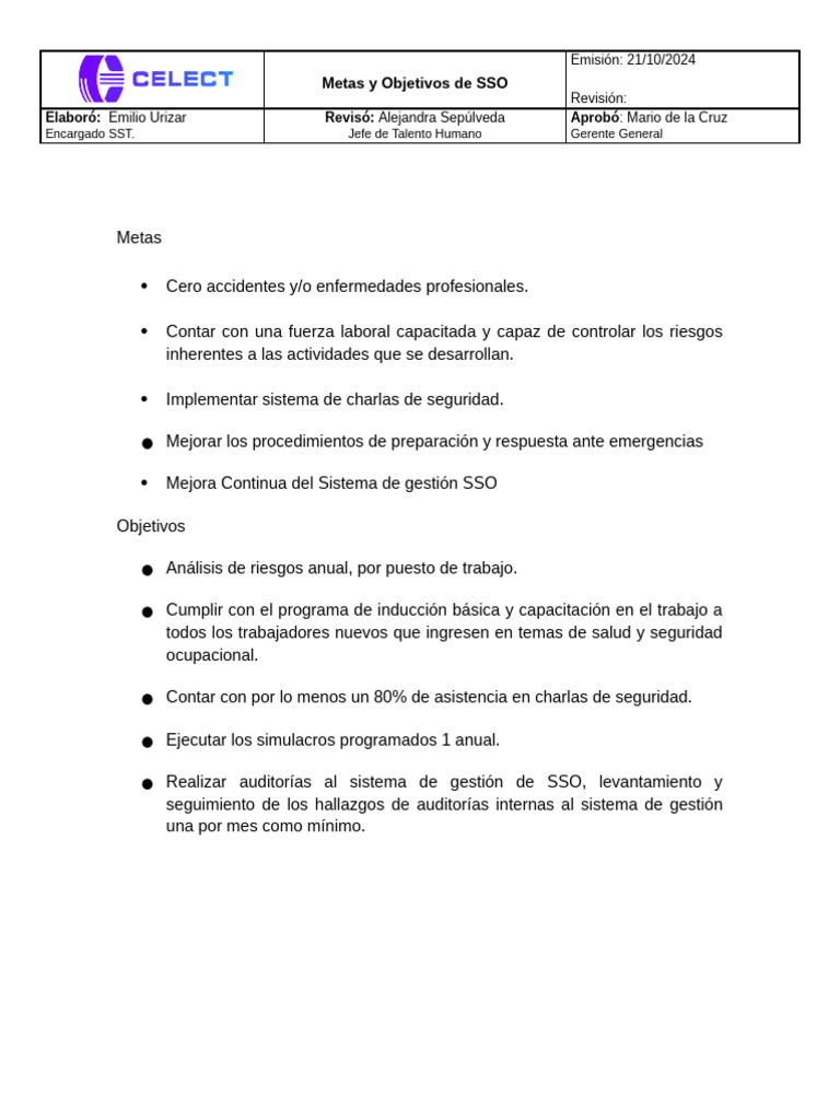 Metas y Objetivos de SSO 2024 | PDF