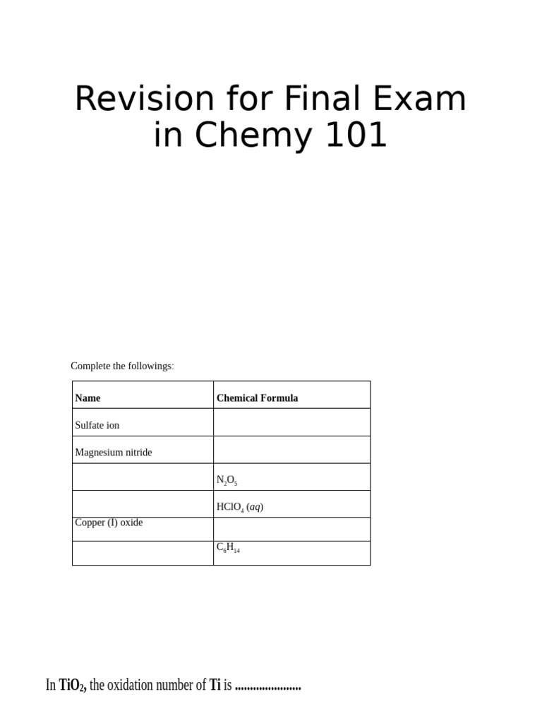 Revision for final exam in Chemy 101 | PDF | Chemical Reactions | Redox