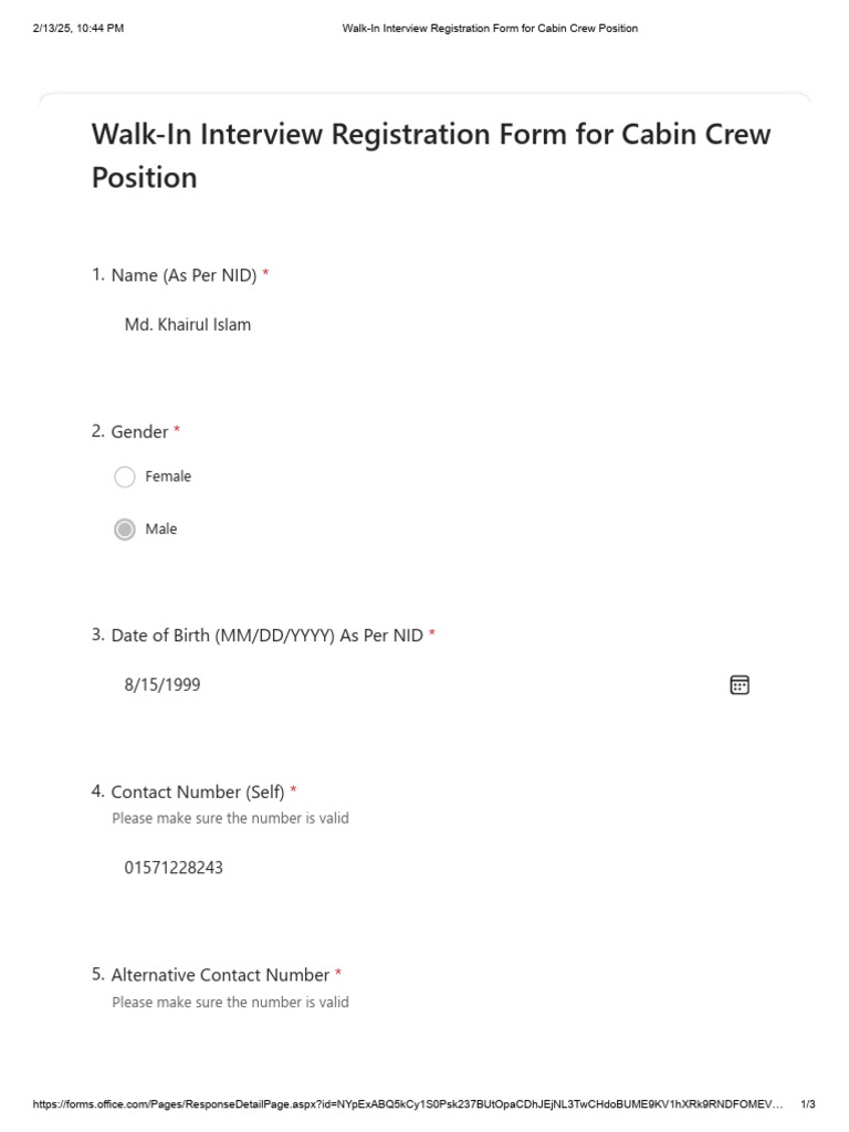 Walk in Interview Registration Form For Cabin Crew Position | PDF ...