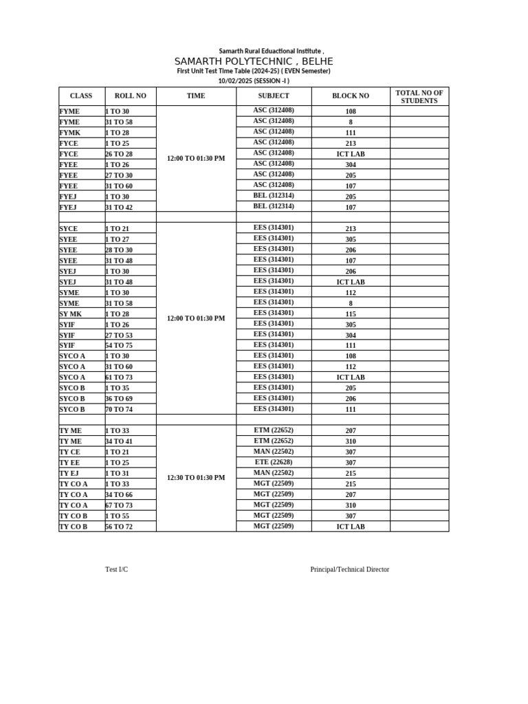 UT-I TIME TABLE 2024-25 Even-Final | PDF