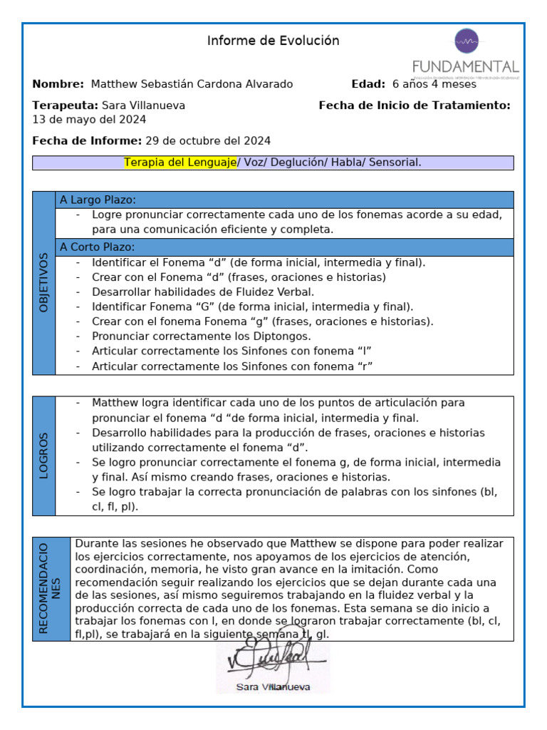 Informe de Progreso en Terapia del Lenguaje | PDF | Fonema | Lingüística