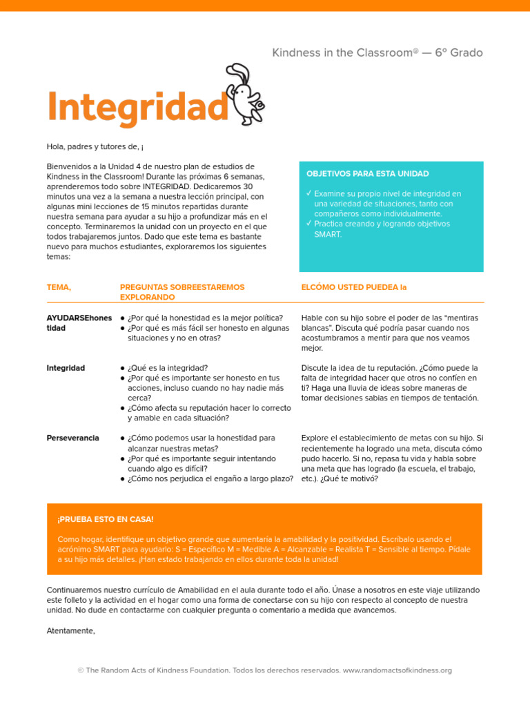 一Grade Grade 6 Integrity Family Letter Spanish | PDF