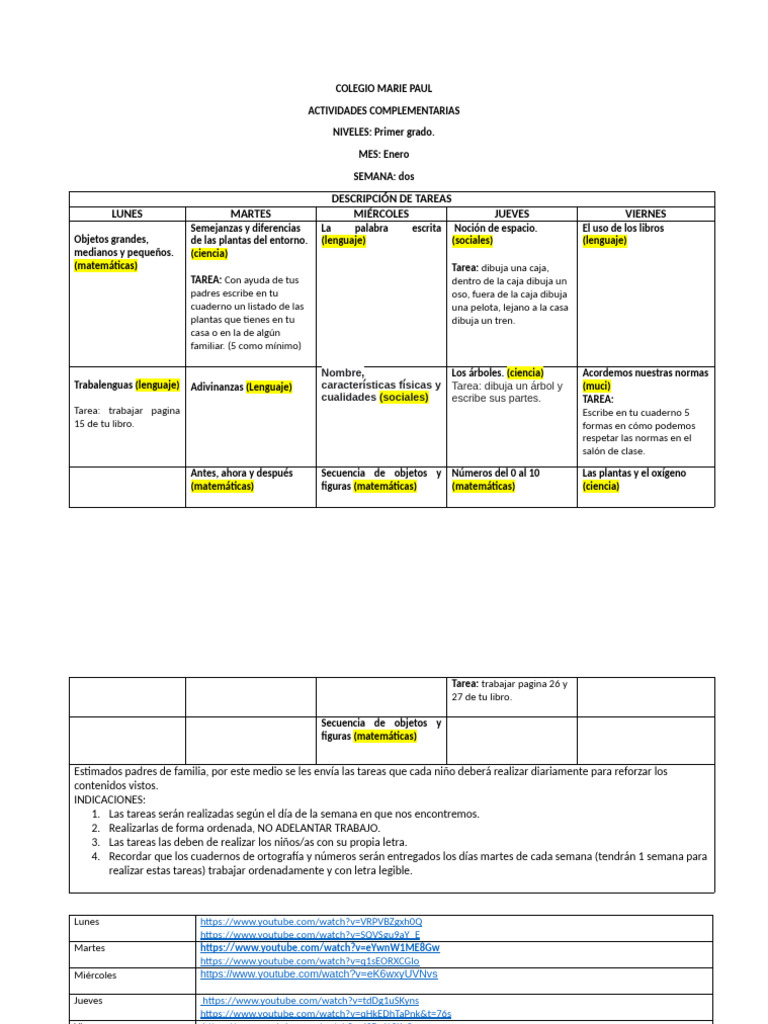 Tareas Semanales Primer Grado Enero | PDF