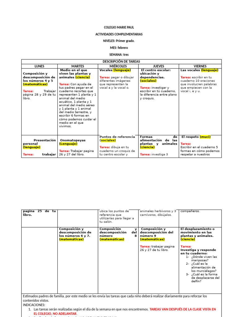 Tareas Semanales Primer Grado Febrero | PDF