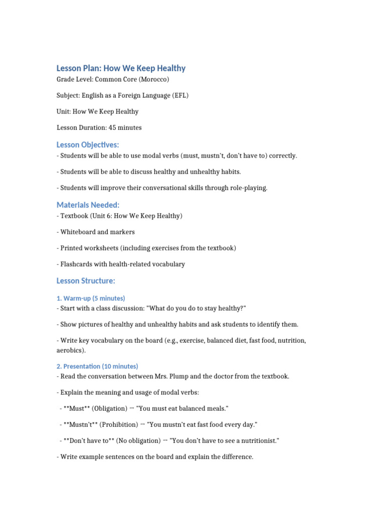 Lesson Plan How We Keep Healthy | PDF | Homework | Human Communication