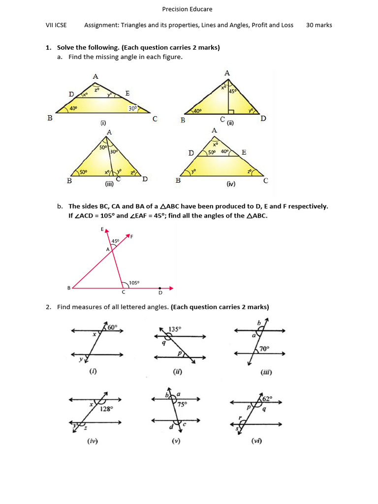 Assignment-Lines and Angles, Triangles and Its Properties, Profit and ...