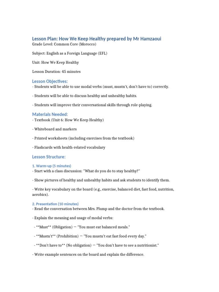 Lesson Plan How We Keep Healthy | PDF | Homework | Linguistics