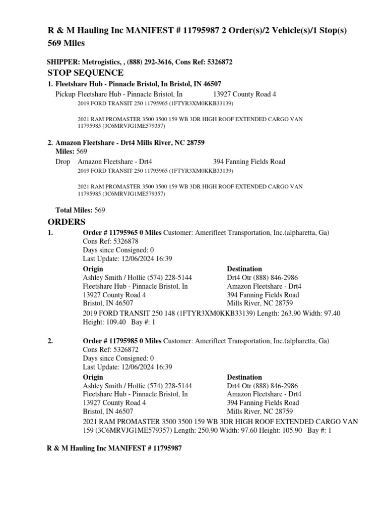 R & M Hauling Inc MANIFEST # 11795987 2 Order(s) /2 Vehicle(s) /1 Stop ...