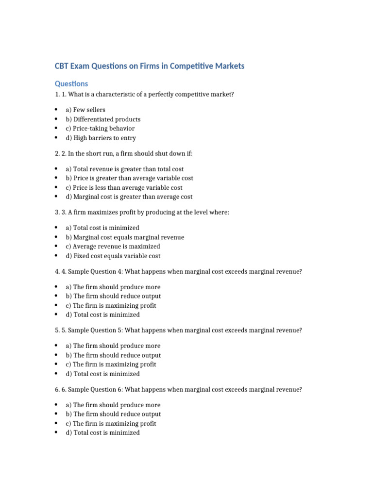CBT Exam Questions With Options Reorganized | PDF | Profit (Economics) | Marginal Cost