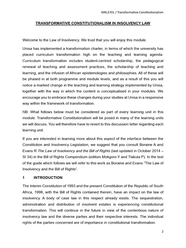 MRL3701 Transformative Constitutionalism | PDF | Bankruptcy | Justice