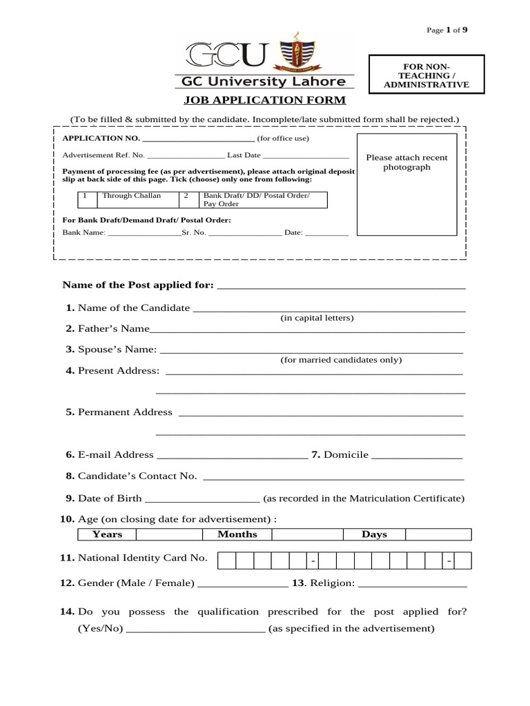 Job Form Non Teaching Admin Post | PDF | Bachelor Of Science | Bachelor's Degree