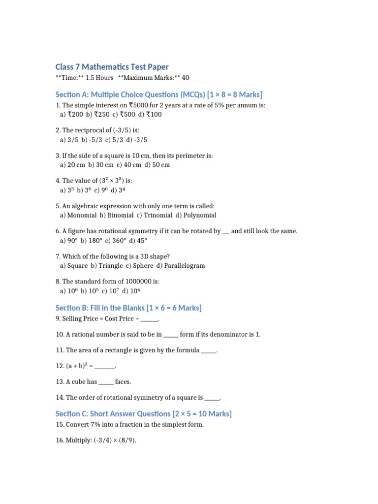 Class 7 Maths Test Paper | PDF