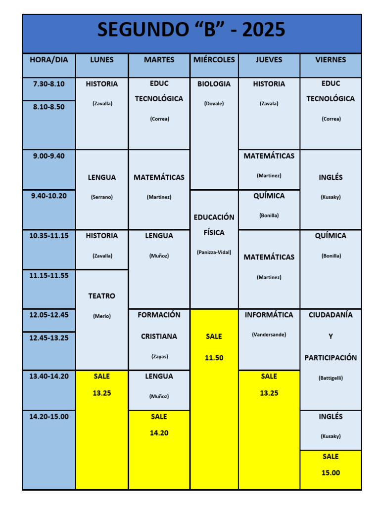 Segundo B Horario 2025 | PDF