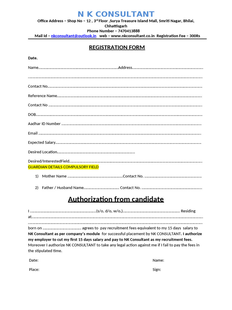 Registration Form Semi Skilled | PDF | Employment | Business