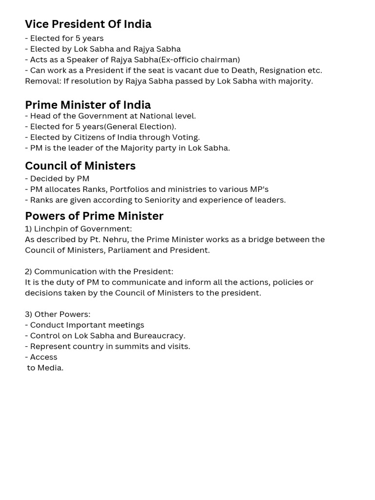 Roles of India's Vice President and PM | PDF