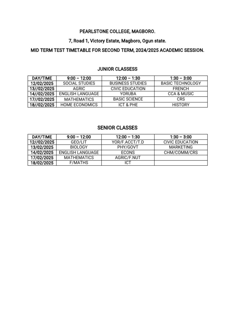 Mid Term Test Timetable 2024/2025 | PDF
