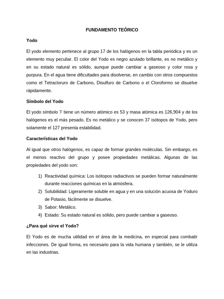 Fundamento Teórico Yodo Oracio | PDF | Yodo | Química