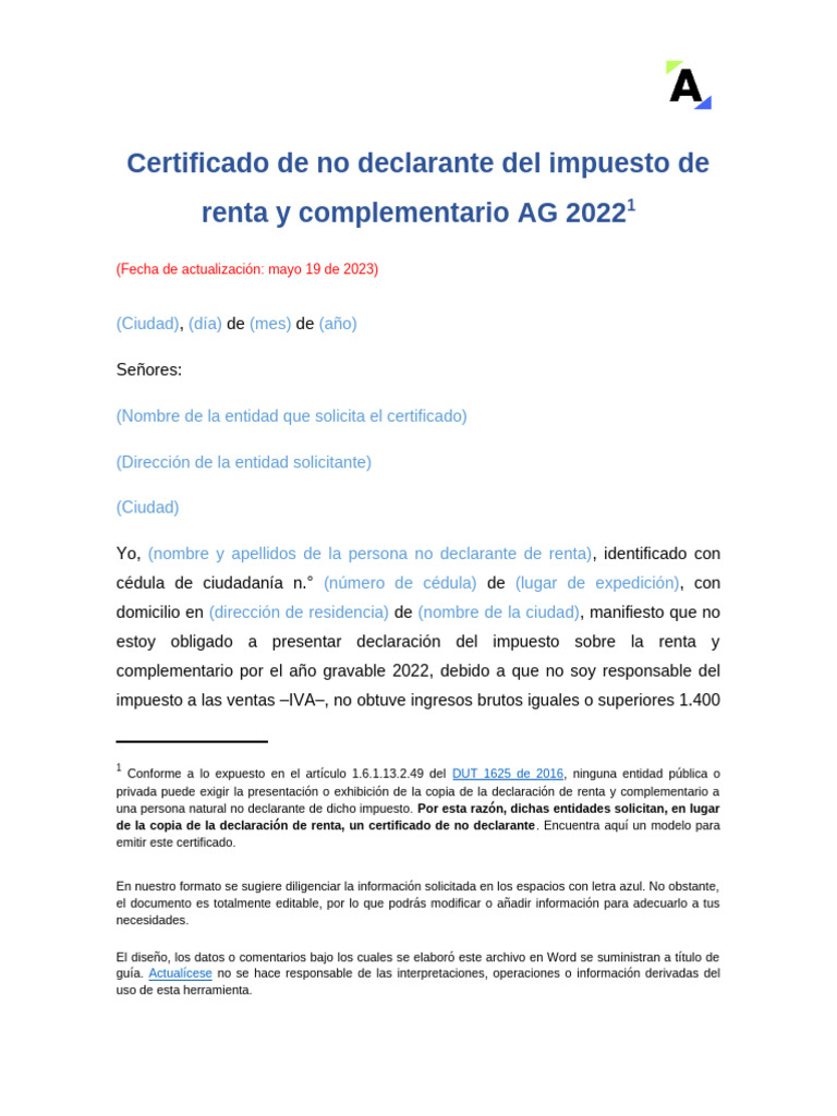 VA23 Certificado No Declarante de Impuesto de Renta | PDF | Impuestos | Economias