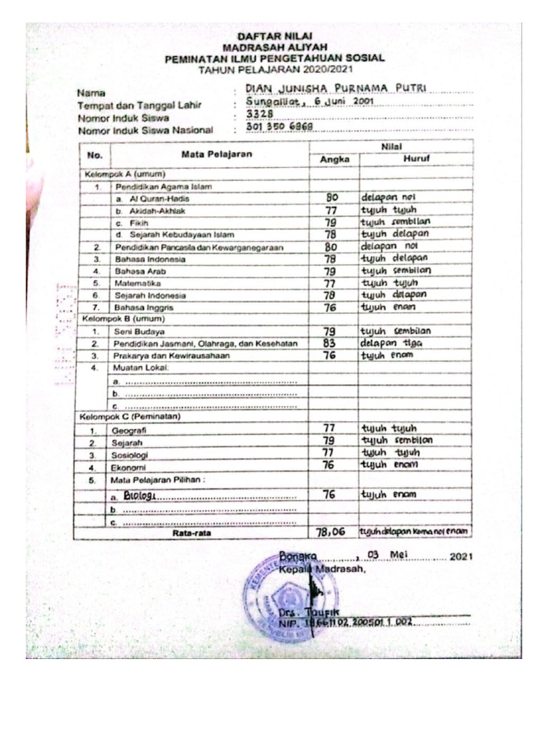 Scan Transkrip Nilai Dian Junisha | PDF