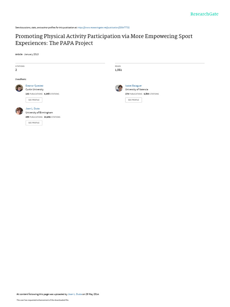 Promoting Physical Activity Participation Via More Empowering Sport Experiences: The PAPA ...