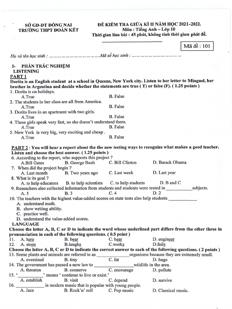 de-kiem-tra-giua-hoc-ky-2-tieng-anh-10-nam-2021-2022-truong-thpt-doan-ket-dong-nai | PDF