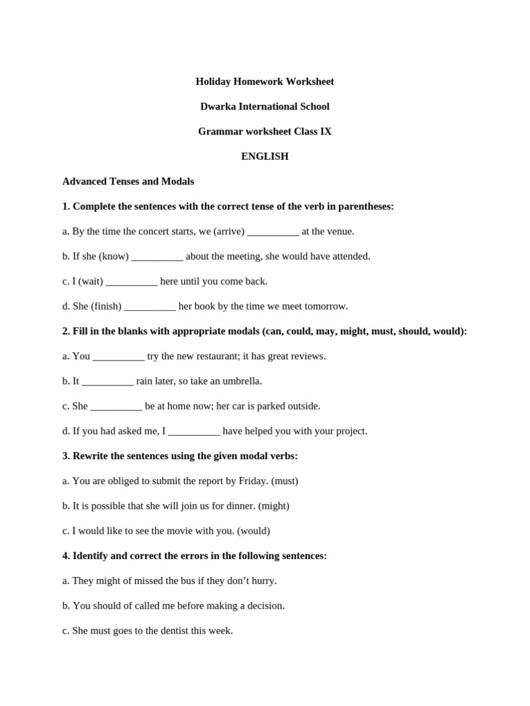 Integrated Grammar Class IX Worksheet 1 | PDF | Verb | Languages