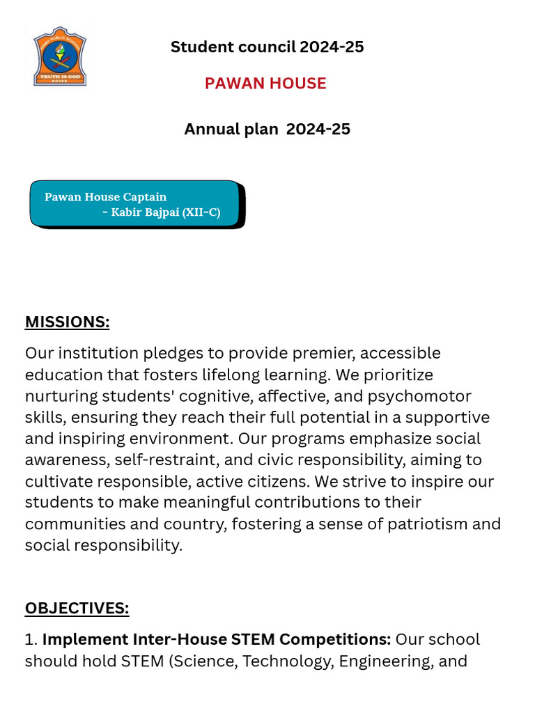 Pawan House Annual Plan 2024-25 | PDF | Leadership | Science, Technology, Engineering, And ...