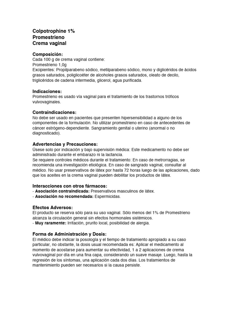 Colpotrophine 1 Promestrieno Crema Vaginal | PDF | Medicamentos con ...