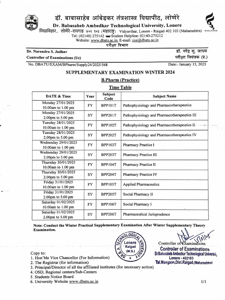 Time Table B. Pharm Practice | PDF