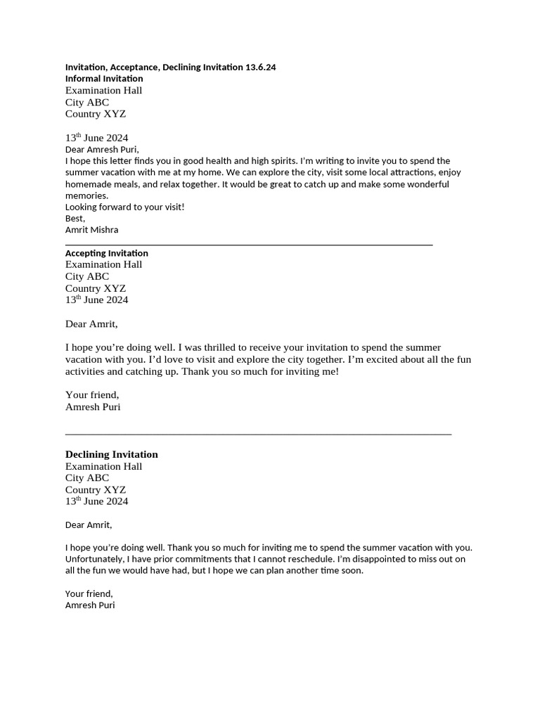 Informal Invitation, Acceptance, Declining | PDF