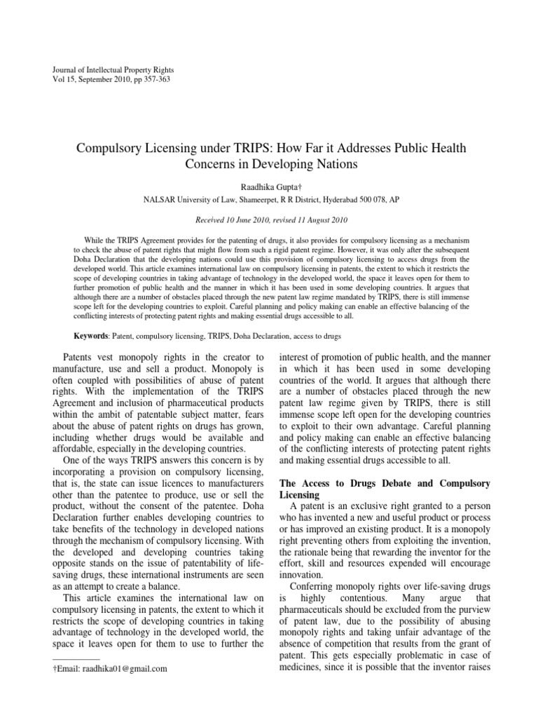 Compulsory Licensing Under TRIPS How Far It Addresses Public Health ...