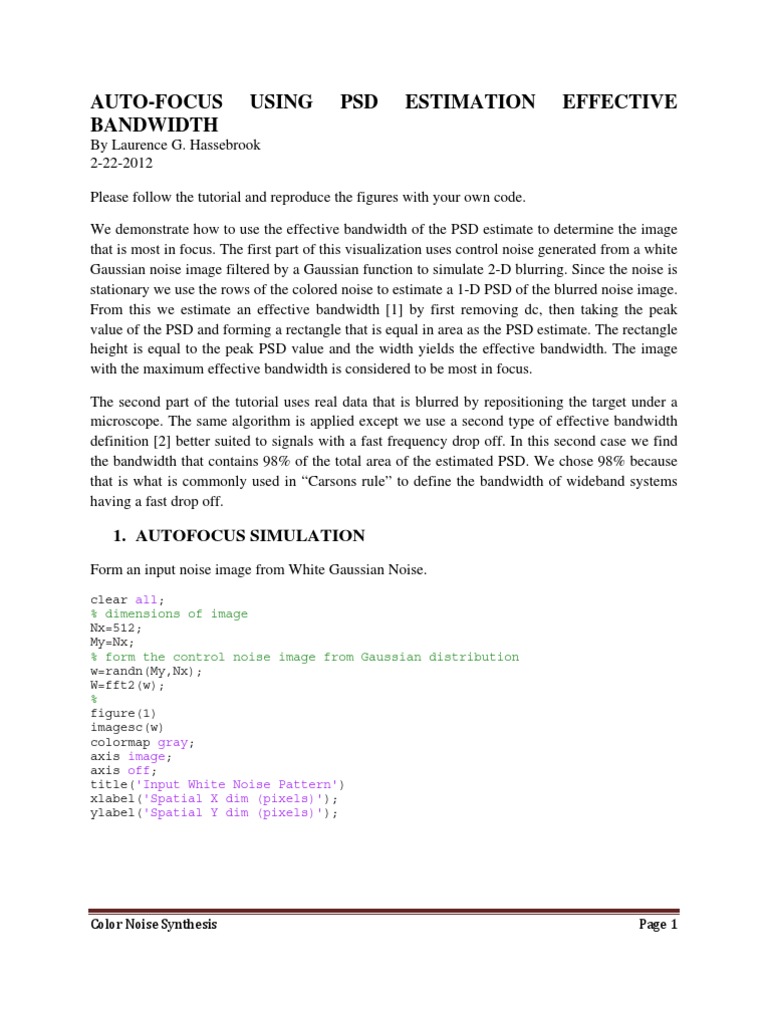 Auto-Focus Using PSD Estimation Effective Bandwidth: 1. Autofocus ...