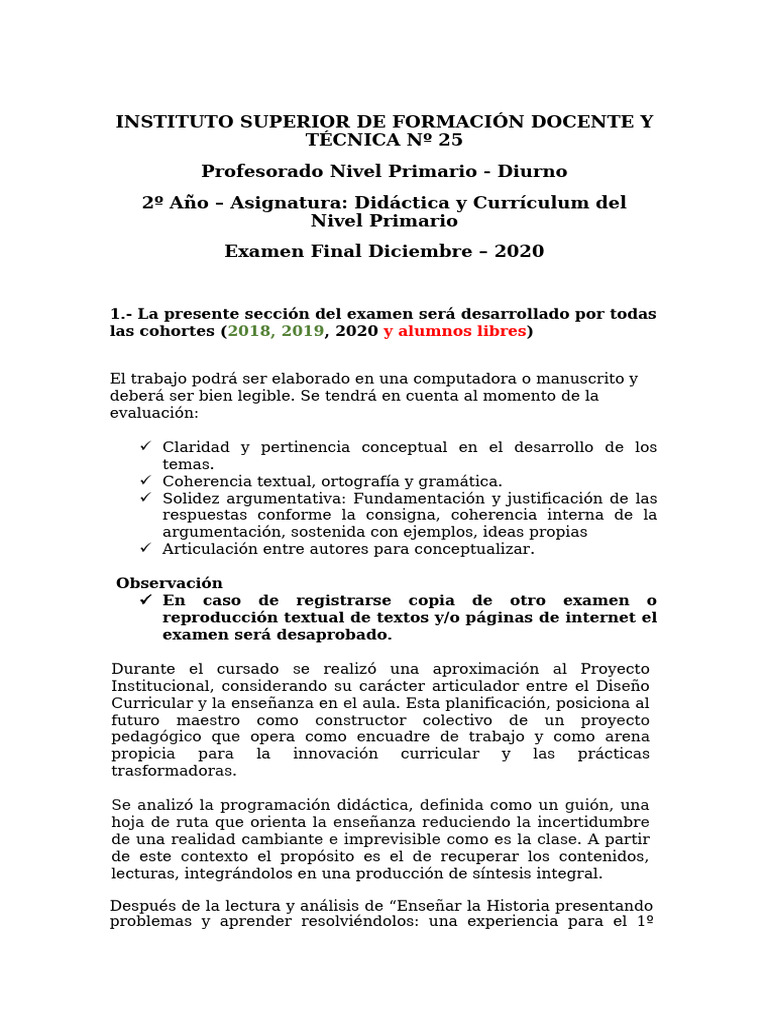 Examen Final Didáctica Primaria 2020 | PDF | Plan de estudios | Enseñando