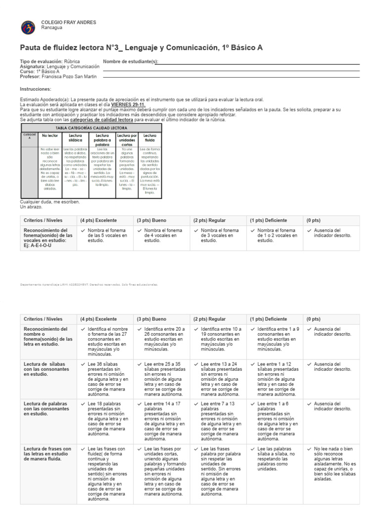 PAUTA EVALUACIÓN_ FLUIDEZ LECTORA N°3_1°A | PDF | Caso de carta | Sílaba
