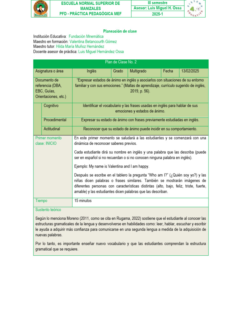S2. Planeación de Clase Ingles | PDF | Aprendizaje | Plan de estudios